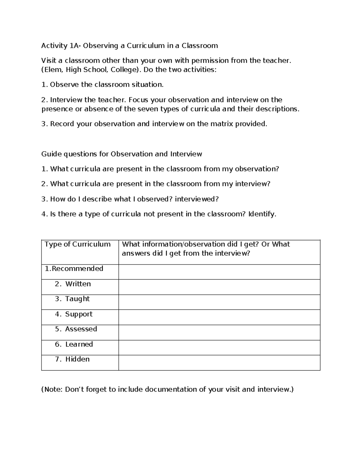 Activity 1A: Curriculum Observation & Teacher Interview Guide - Studocu