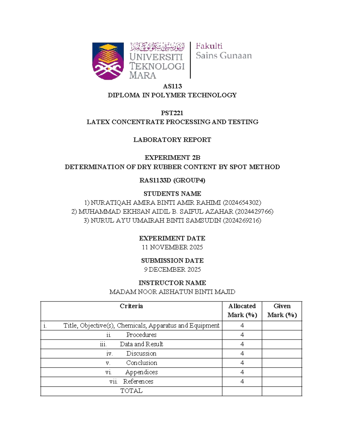 PST221 Experiment 2B: Dry Rubber Content Determination via Spot Method ...