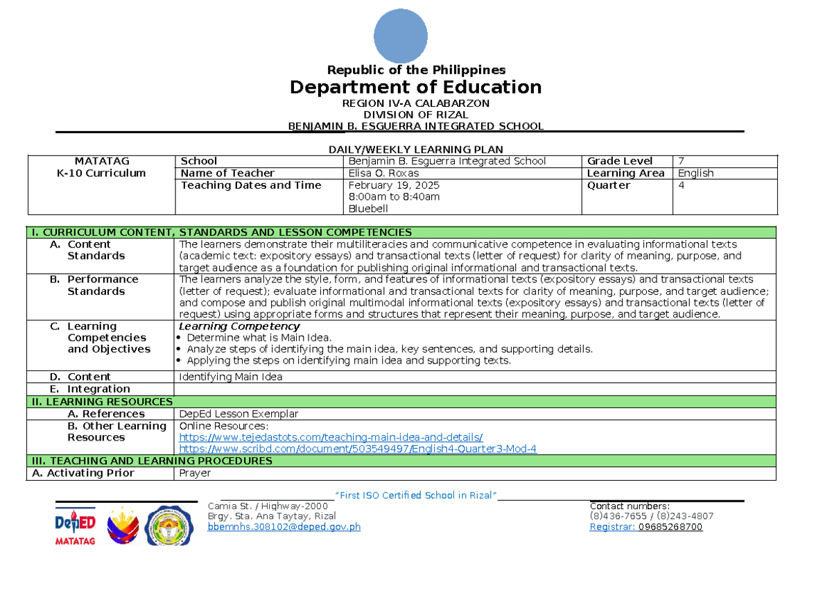 Local DEMO- Lesson Exemplar-MAIN IDEA - Department of Education REGION ...