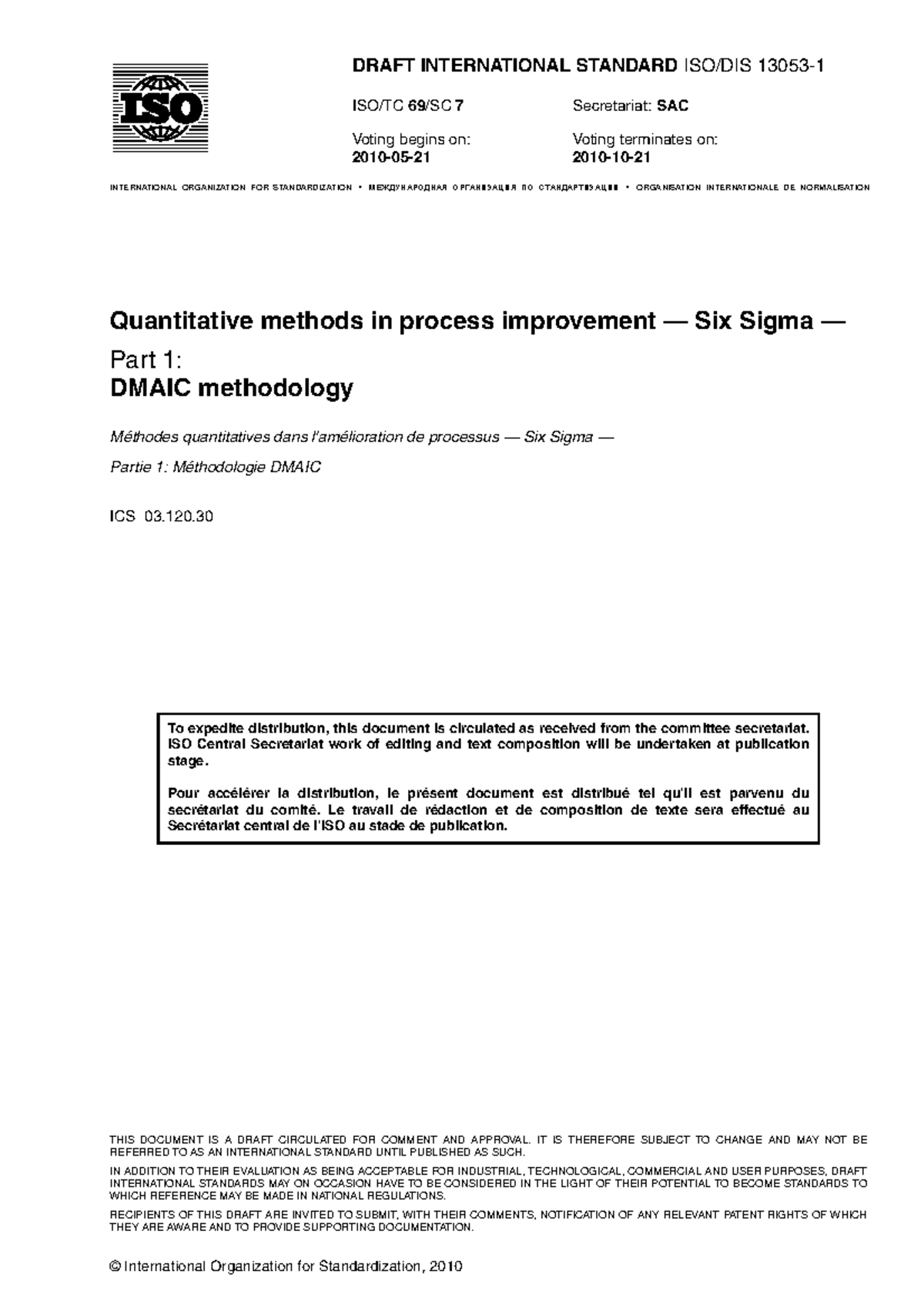 ISO DIS 13053-1: Draft Standard for Six Sigma DMAIC Methodology - Studocu