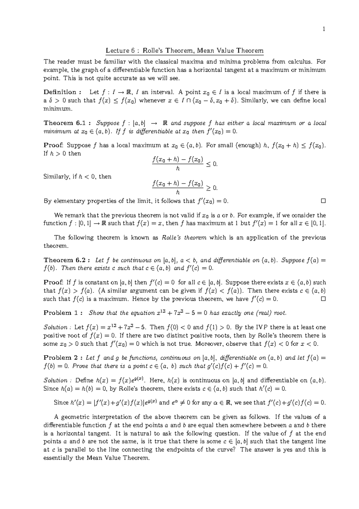 Lecture 6: Notes on Rolle's and Mean Value Theorems - Calculus - Studocu