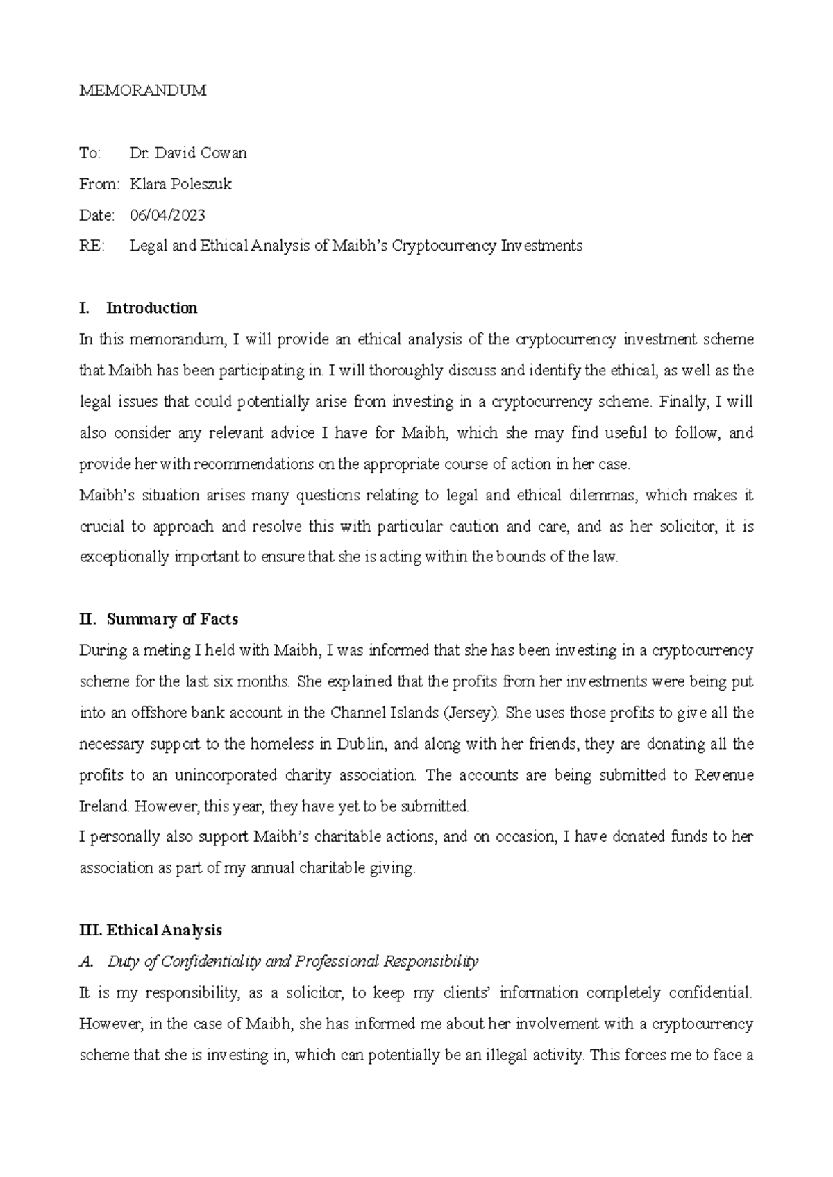 Legal Ethics Memo: Analysis of Cryptocurrency Investments - Studocu