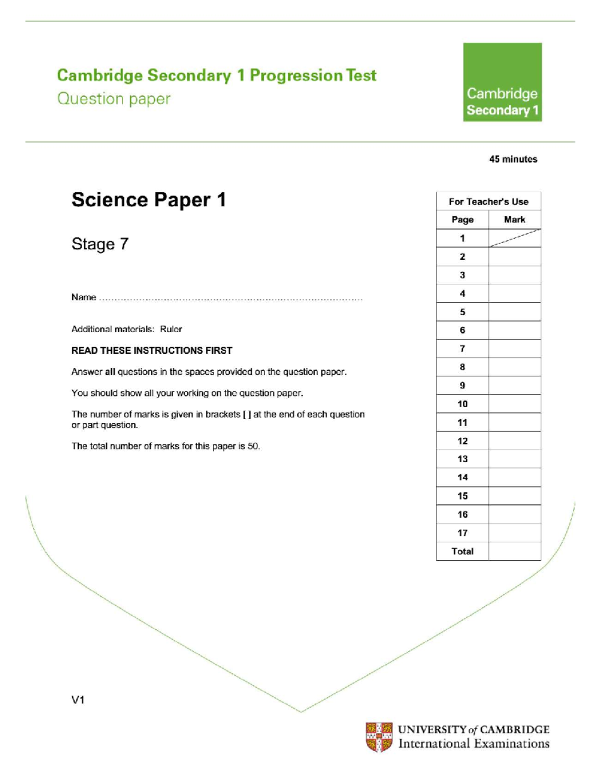 G7 Science Progression Test 1: Cambridge Secondary 1 Question Paper ...
