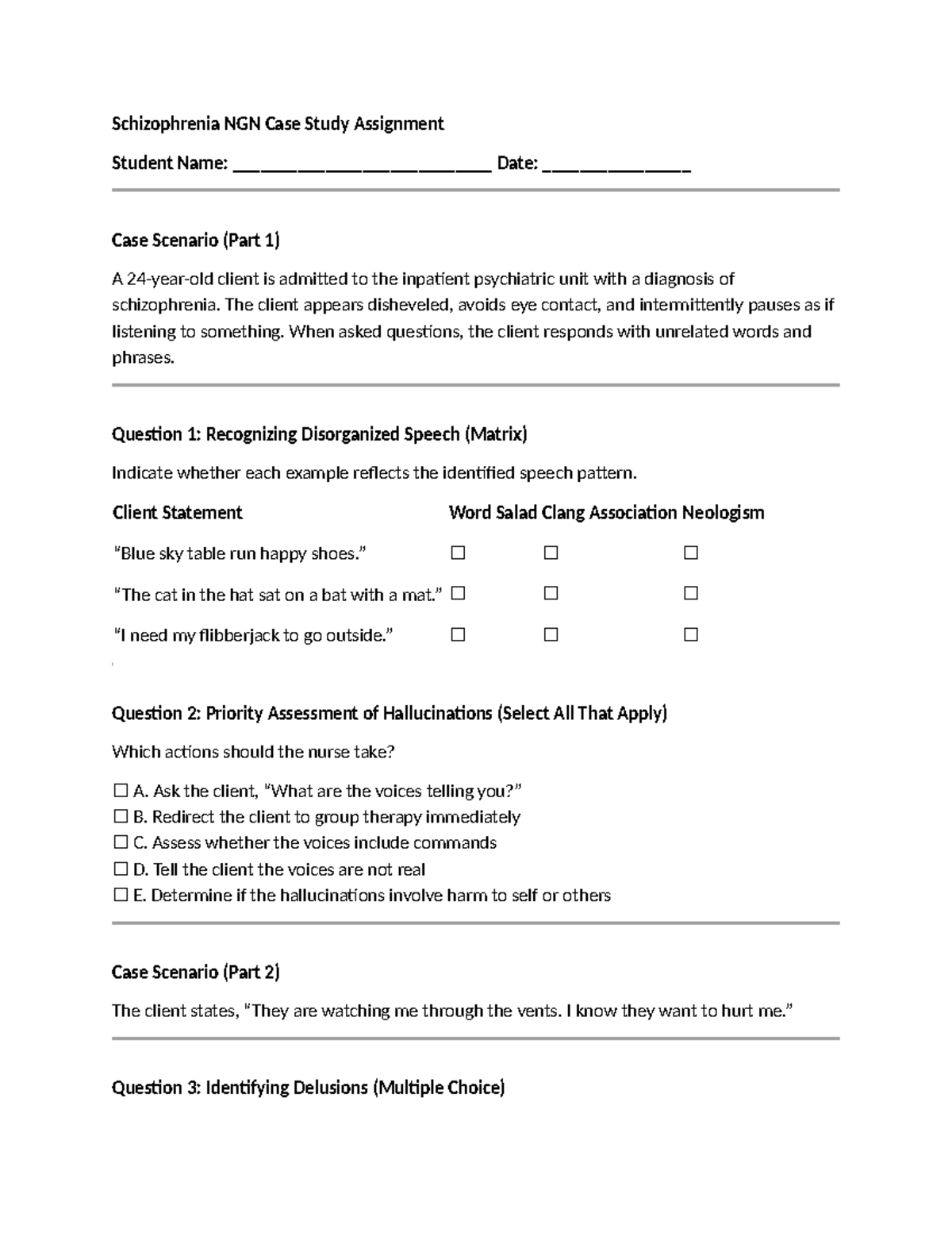 Schizophrenia NGN Case Study Assignment: Key Assessments ...