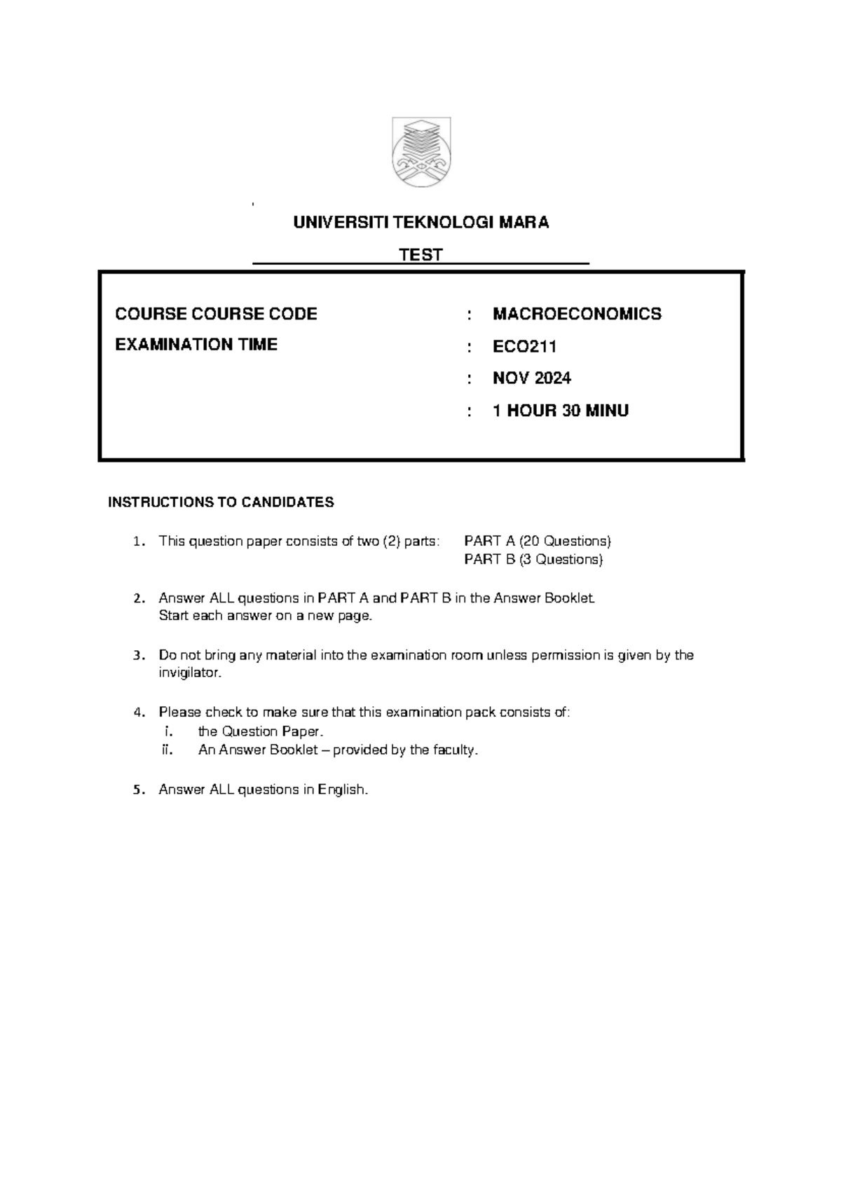 TEST ECO211 NOV 2024 - Macroeconomics Exam Paper & Guidelines - Studocu