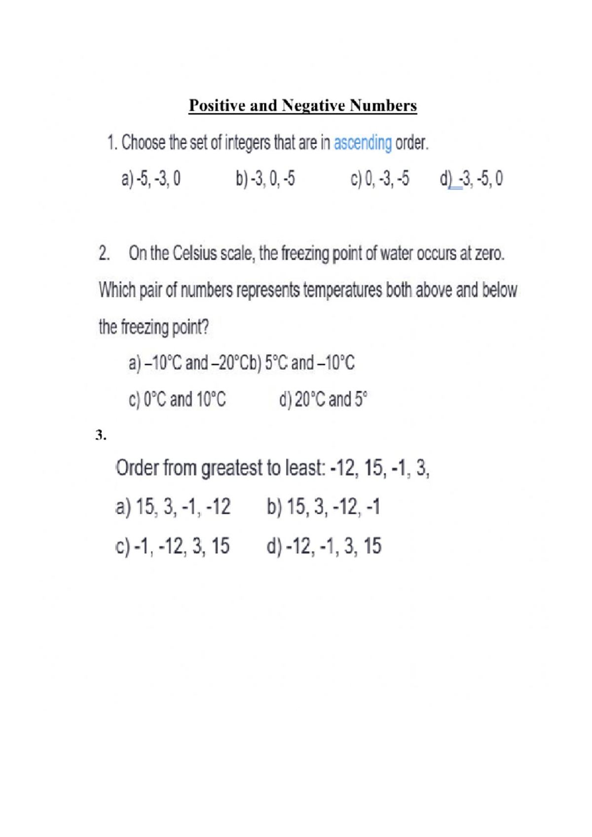 Document - For practice - Positive and Negative Numbers 1. Choose the ...