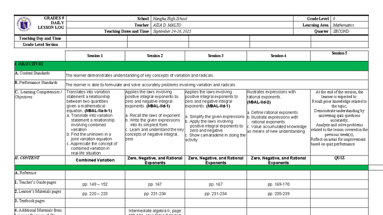 Mathematics 9 Daily Lesson Log: Combined Variation & Exponents - Studocu