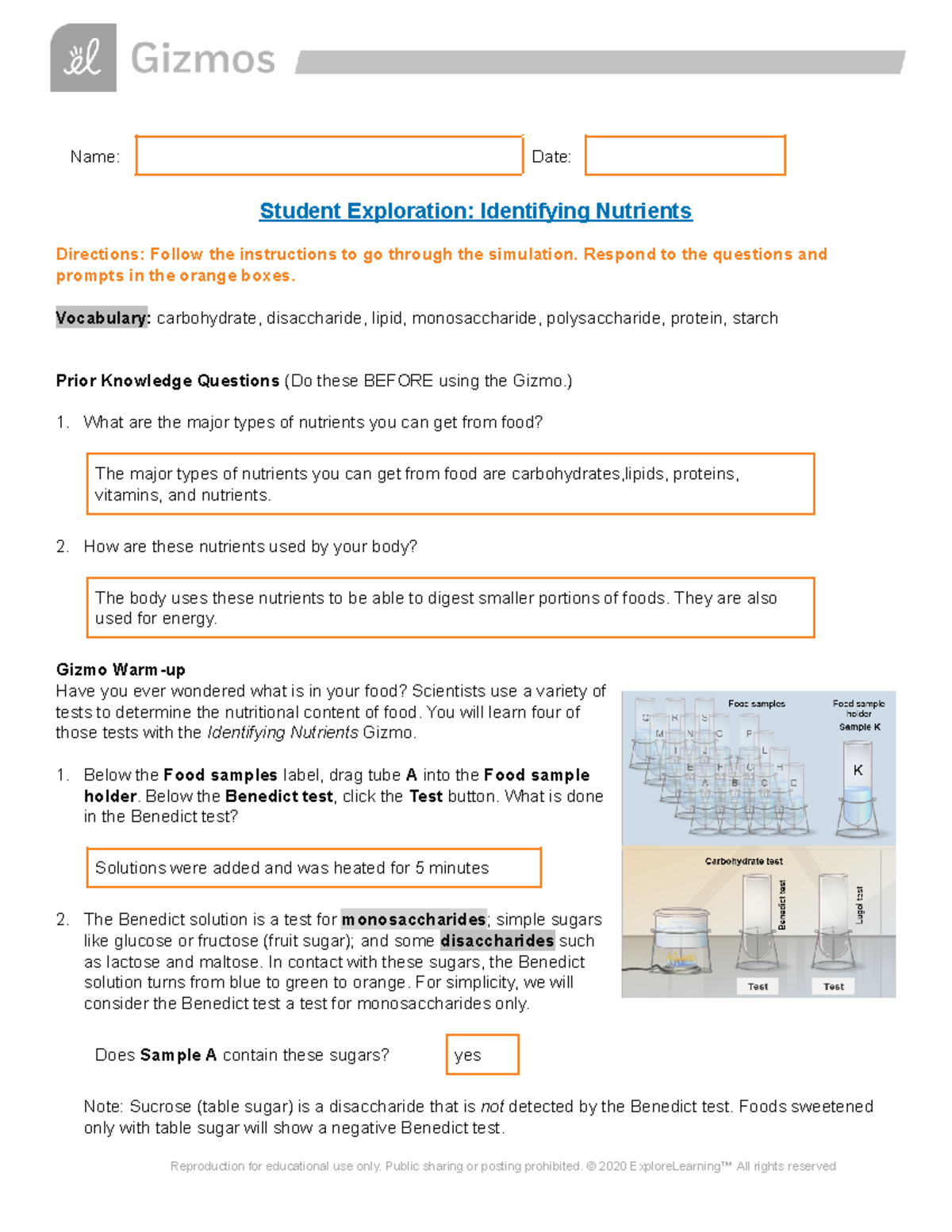 Student Exploration: Identifying Nutrients Gizmo (Activity SE) - Studocu