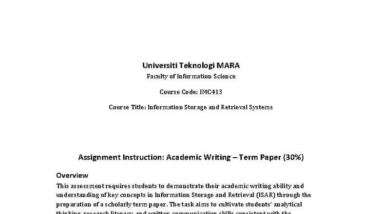 IMC413 Term Paper Assignment: Info Storage & Retrieval Systems - Studocu