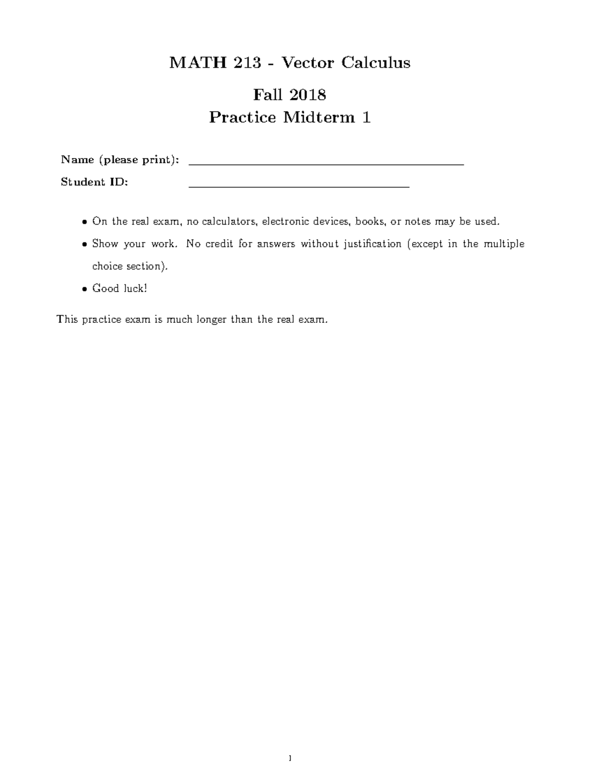 Math213 F2018 Midterm 1-Practice - MATH 213 - Vector Calculus Fall 2018 Practice Midterm 1 Name ...