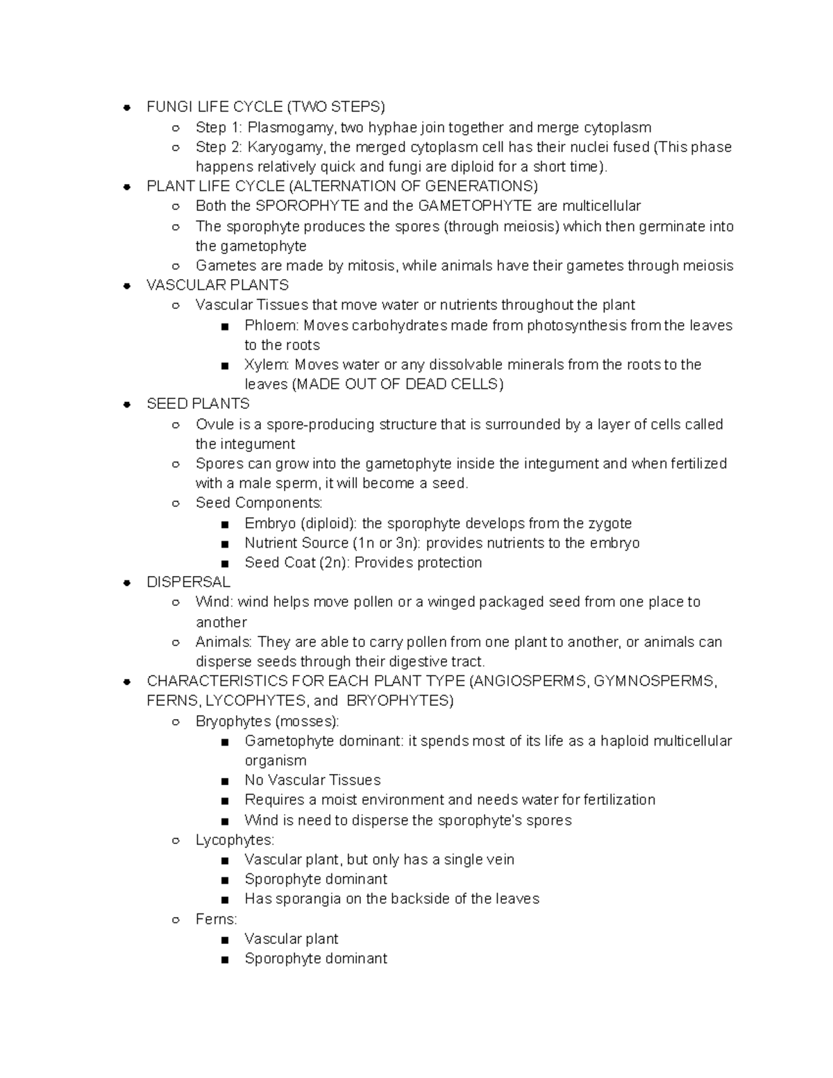 Exam 2 Review Notes for BIOL 152: Life Cycles, Plants, and Anatomy ...