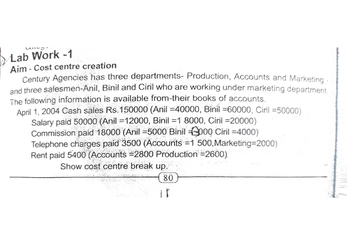 Cost Centre Creation Lab Work for Century Agencies - Studocu