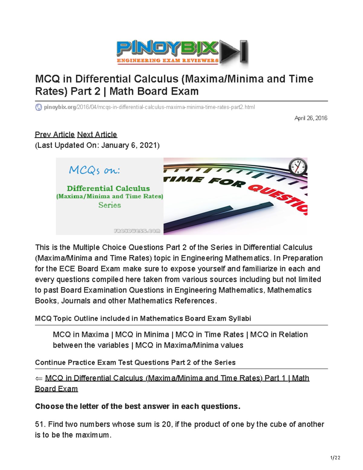 MCQ in Differential Calculus (Maxima/Minima) Part 2 | Math Board Exam ...