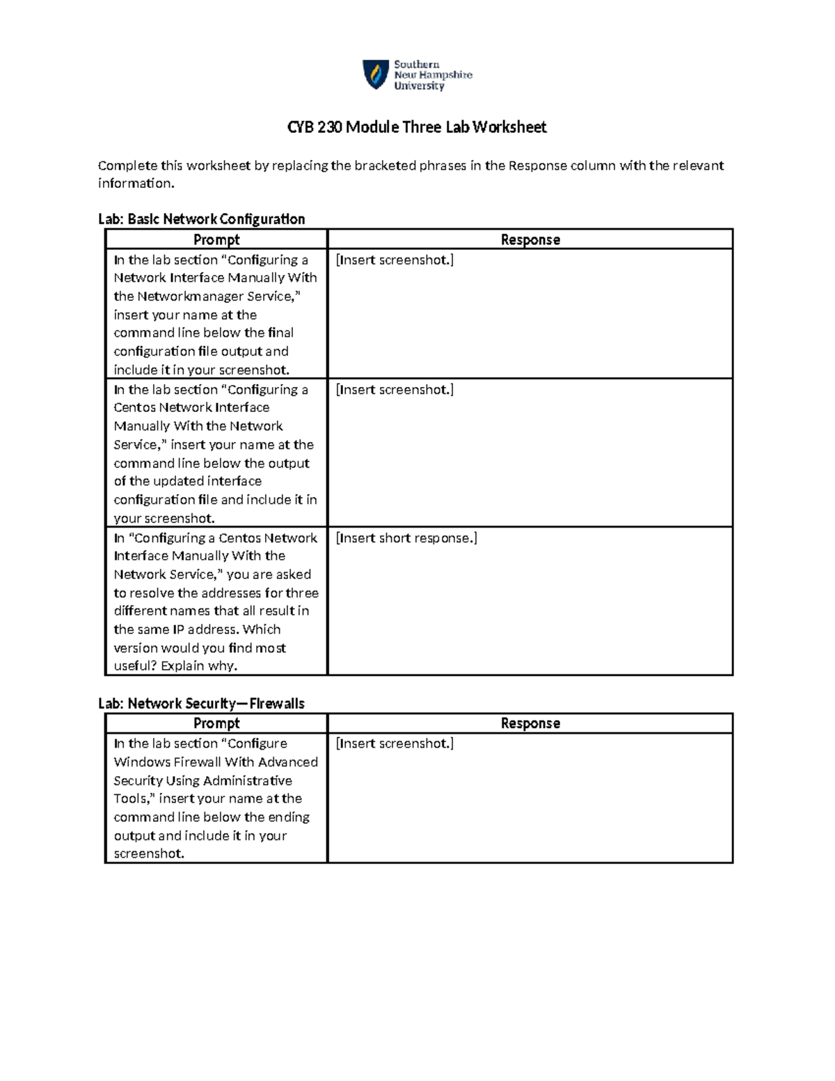 CYB 230 Module 3 Lab: Basic Network Configuration Worksheet - Studocu