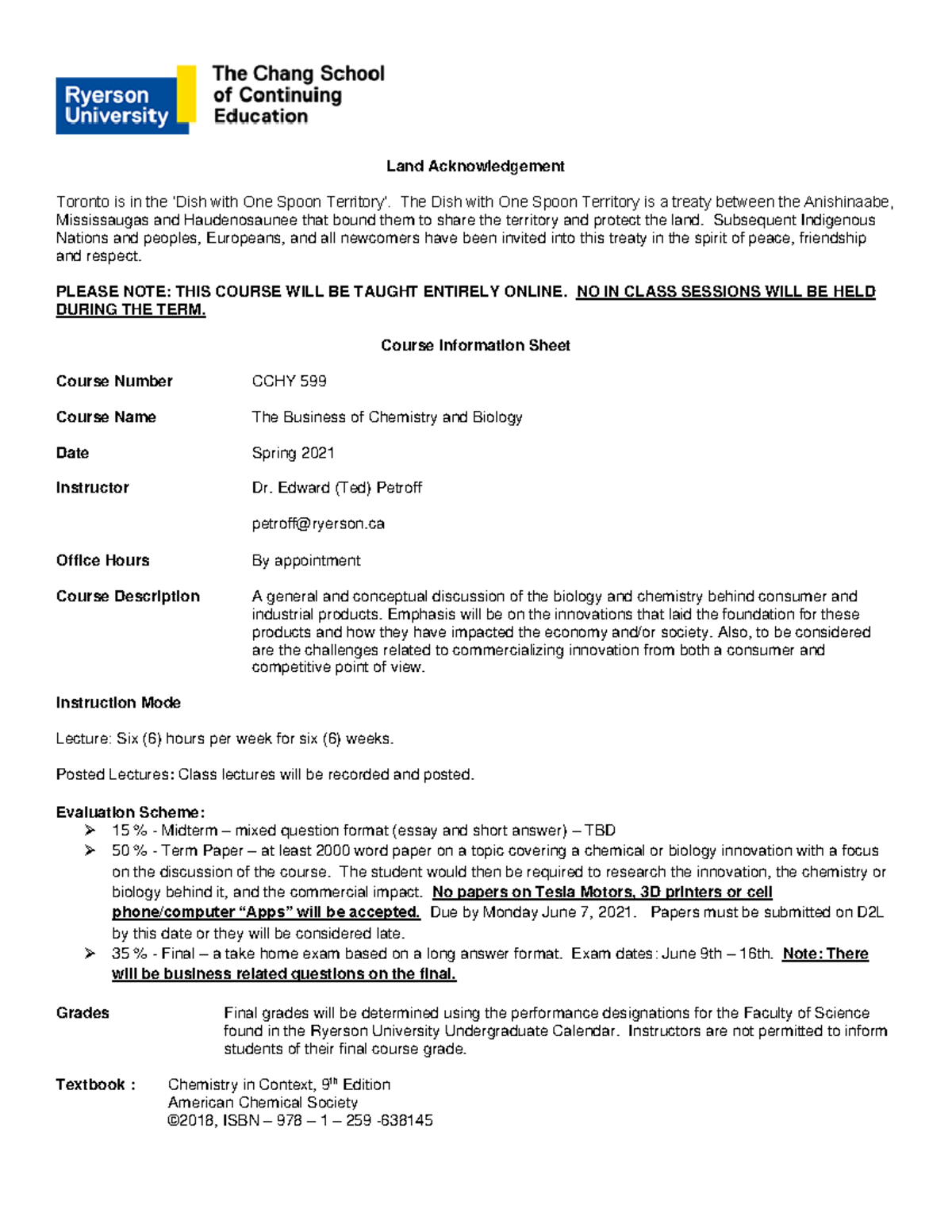 CCHY 599 Course Outline Spring 2021 - Ted Petroff - Land ...