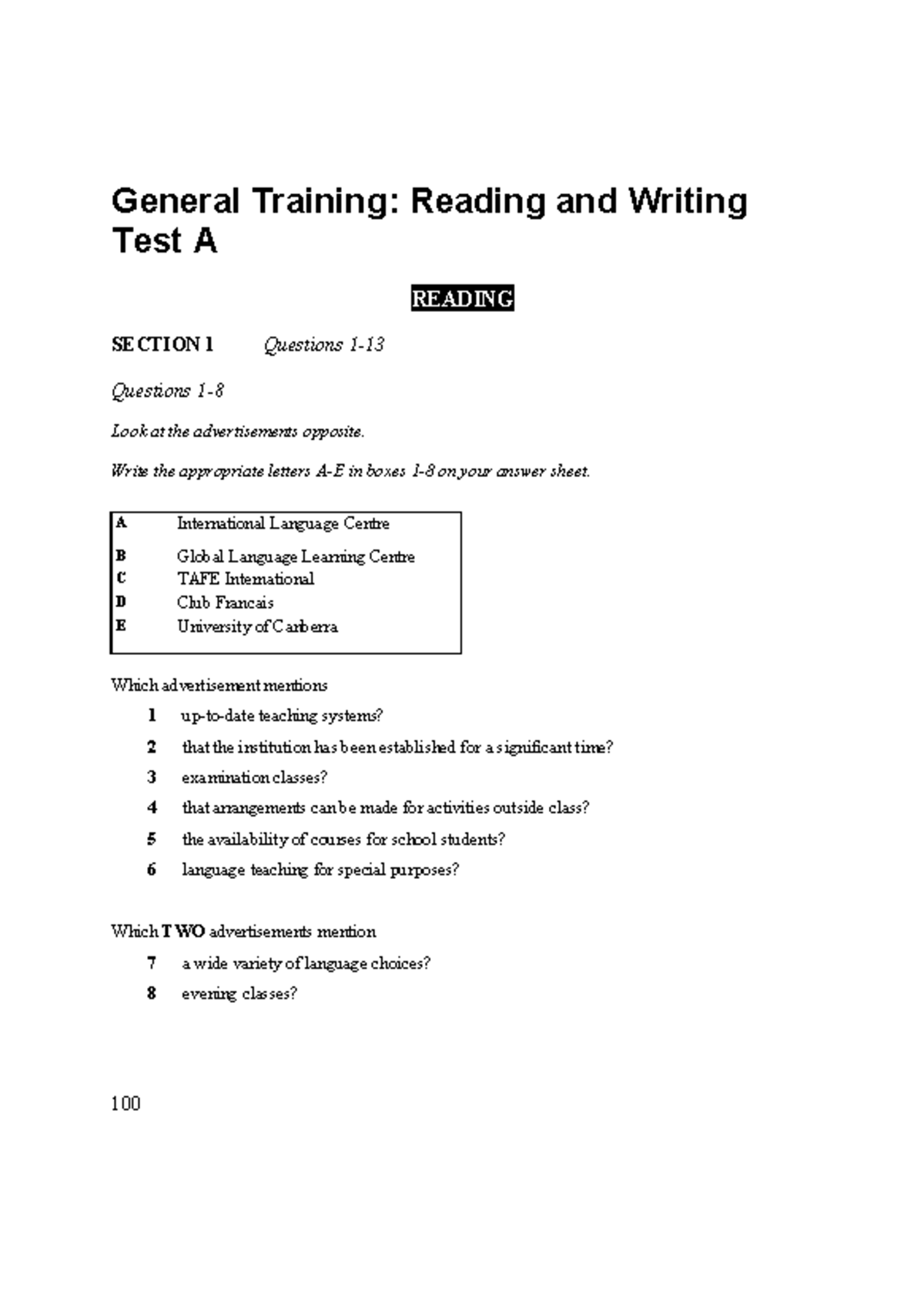 General Training: Reading & Writing Test A (Cam 3 GE) - Studocu