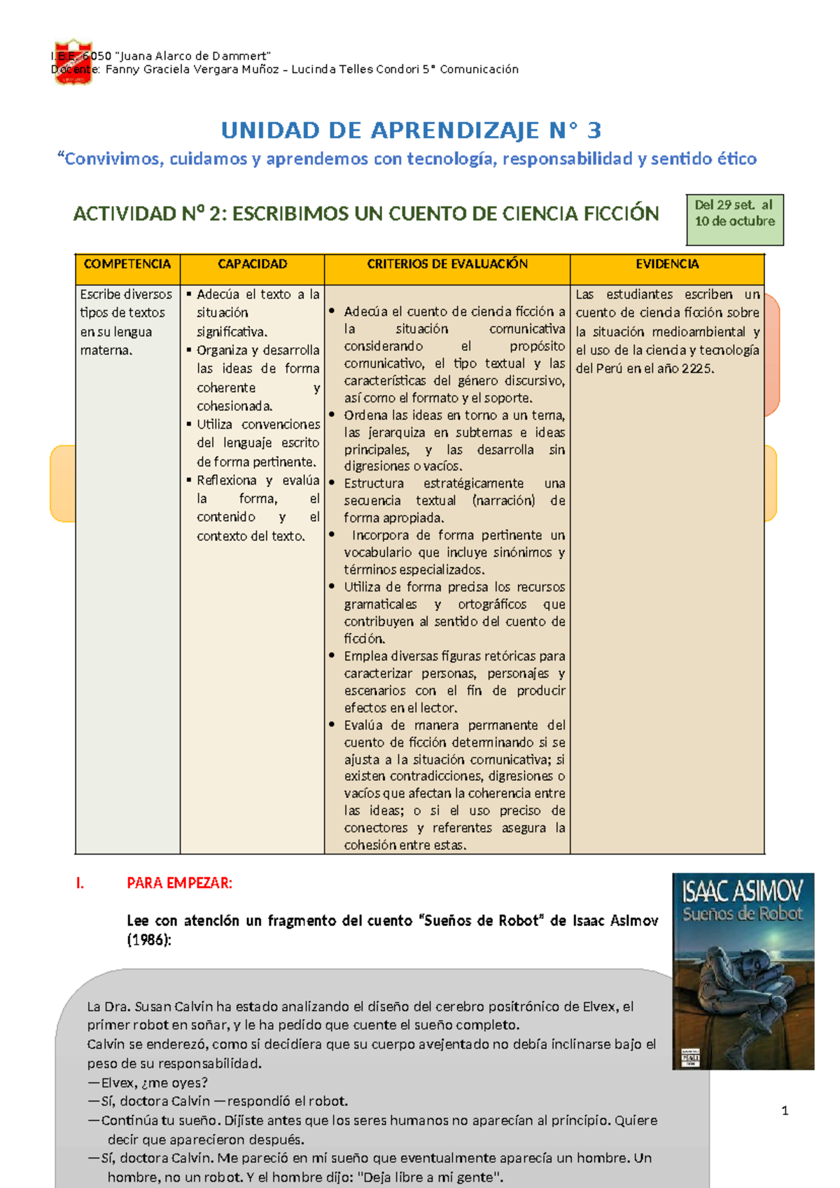 I.E.E. 6050 Actividad N° 3: Escritura de Cuento de Ciencia Ficción ...