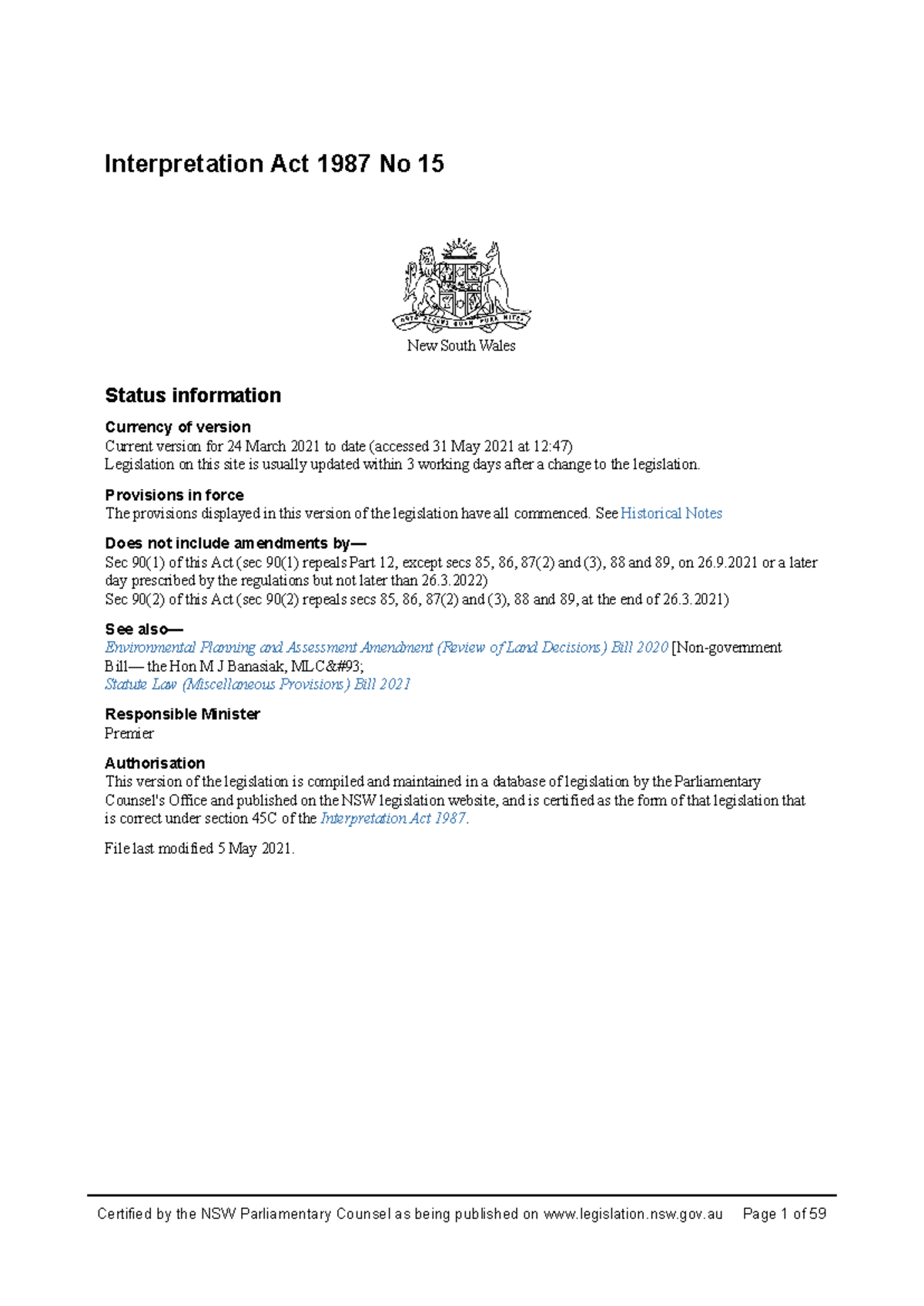 Interpretation Act 1987 (NSW) - Current Version as of 24 March 2021 ...