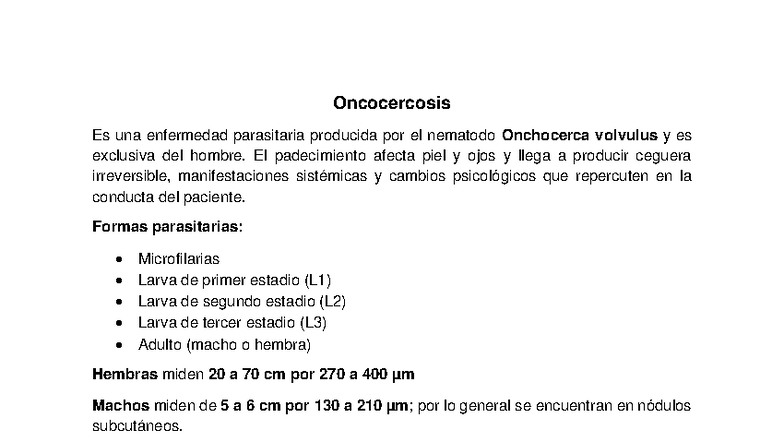 Oncocercosis: Resumen de la Enfermedad y sus Manifestaciones - Studocu