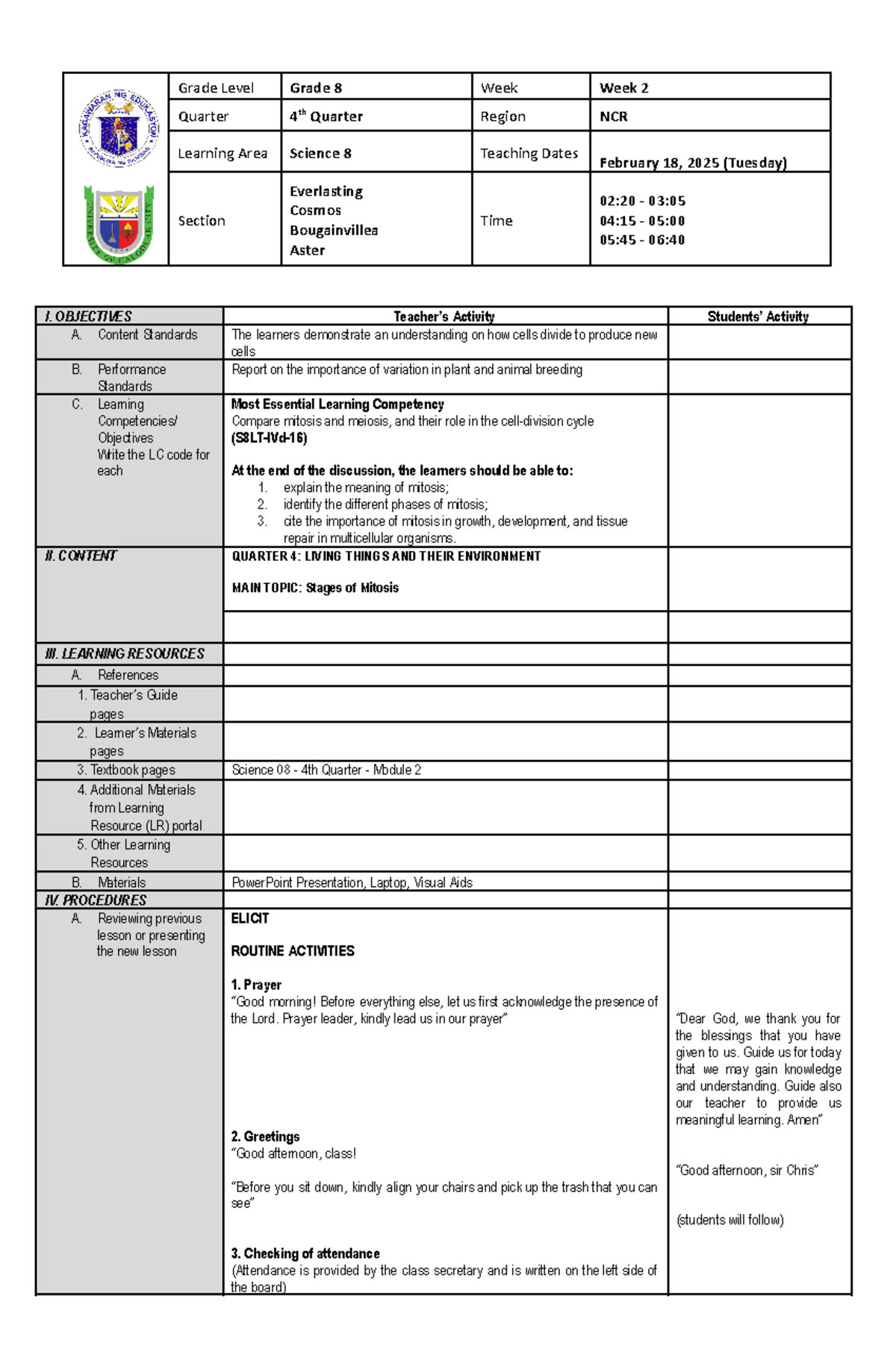 DLP Week 2 - D2 - Grade 8 Science Lesson Plan on Mitosis - Studocu