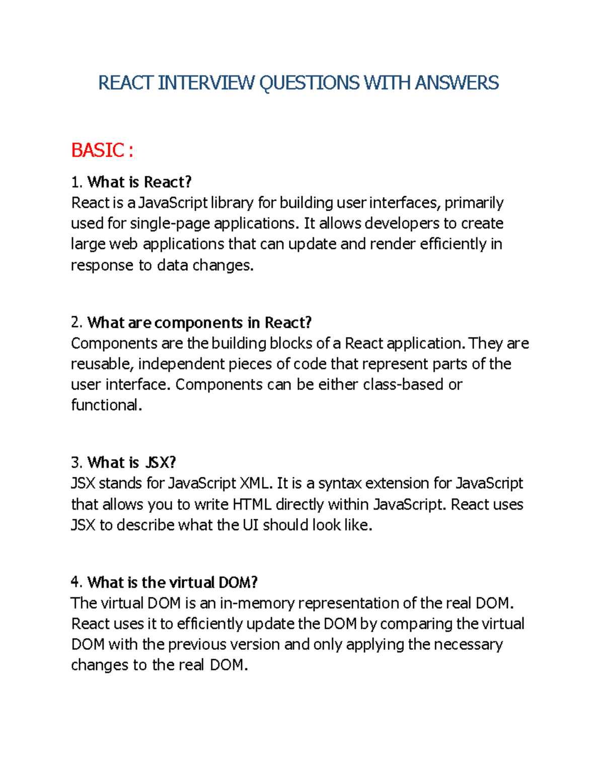 React Interview Questions & Answers: Basic to Advanced Guide - Studocu