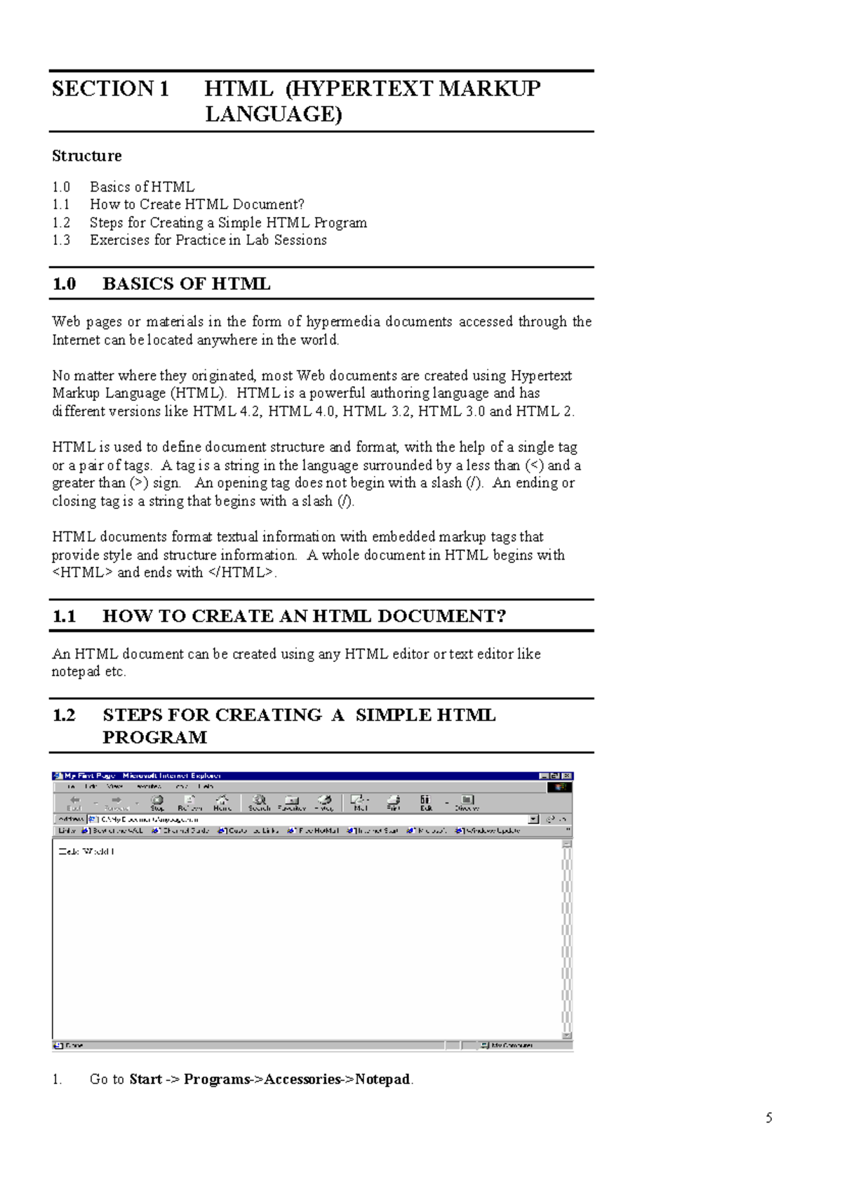 lab Manual book - HTML (Hypertext Markup Language) SECTION 1 HTML (HYPERTEXT MARKUP LANGUAGE ...