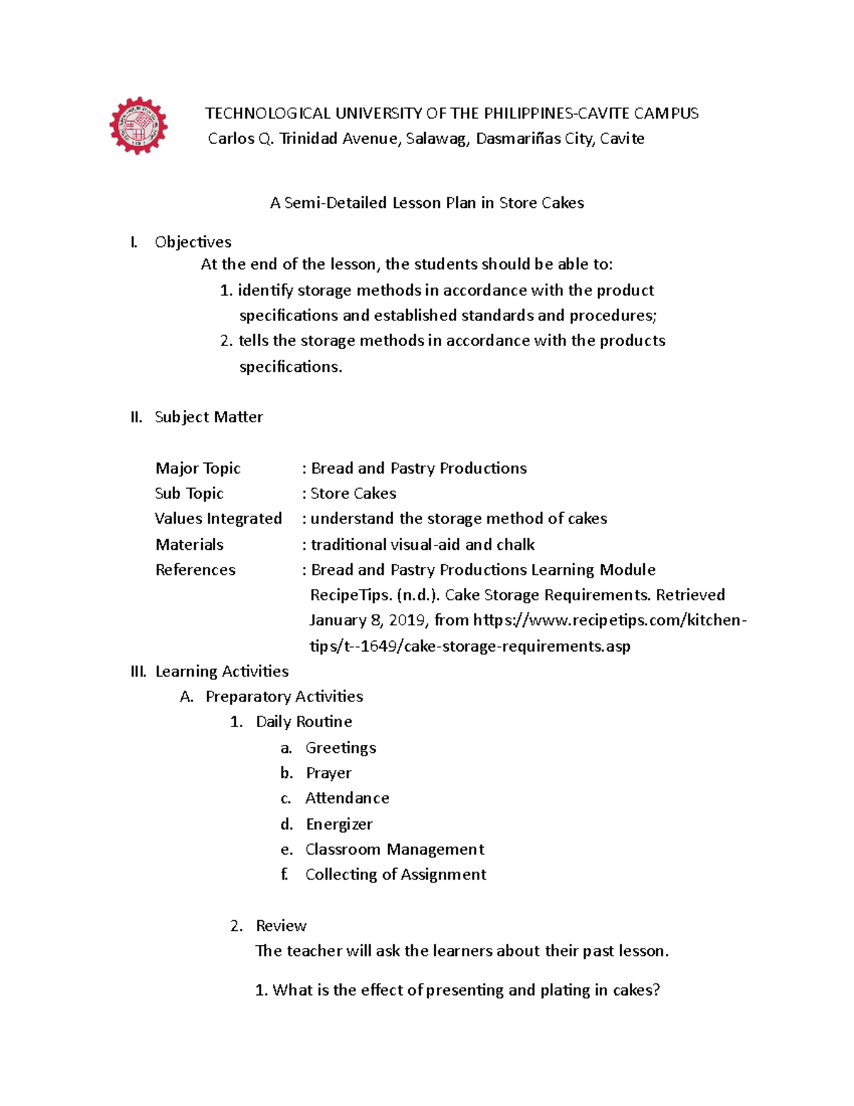 Semi-Detailed Lesson Plan in Storage Cakes (Bread & Pastry Prod.) - Studocu