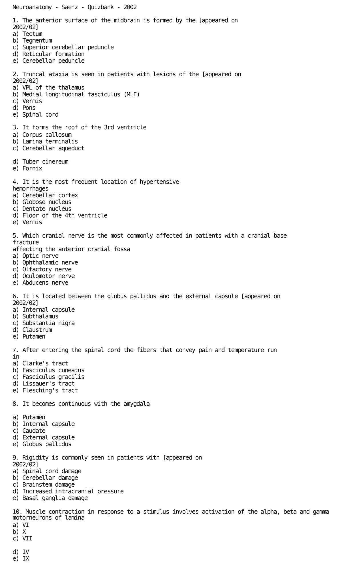 Neuroanatomy MCQs Quizbank 2002 - Study Guide - Studocu