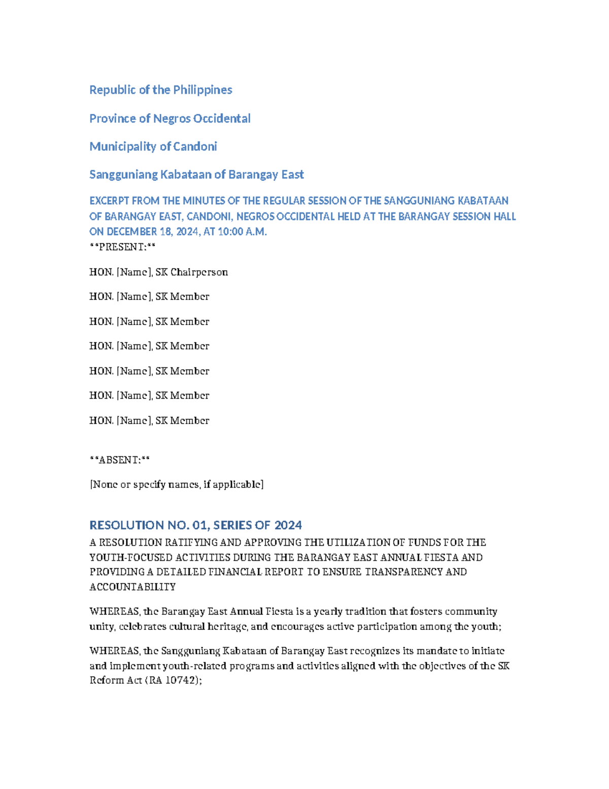 Barangay East Fiesta Resolution Detailed - Republic of the Philippines ...