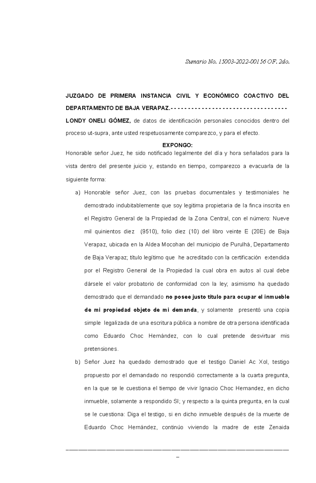 Memorial Alegatos Juicio Sumario No. 15003-2022-00156 - Londy - Studocu