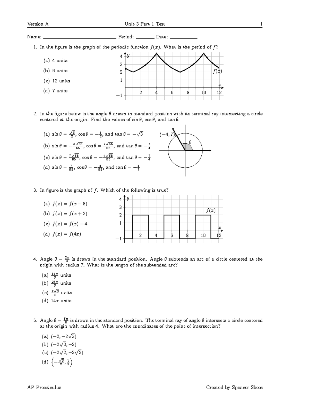 AP Precalculus Version A Unit 3 Part 1 Practice Test - Studocu