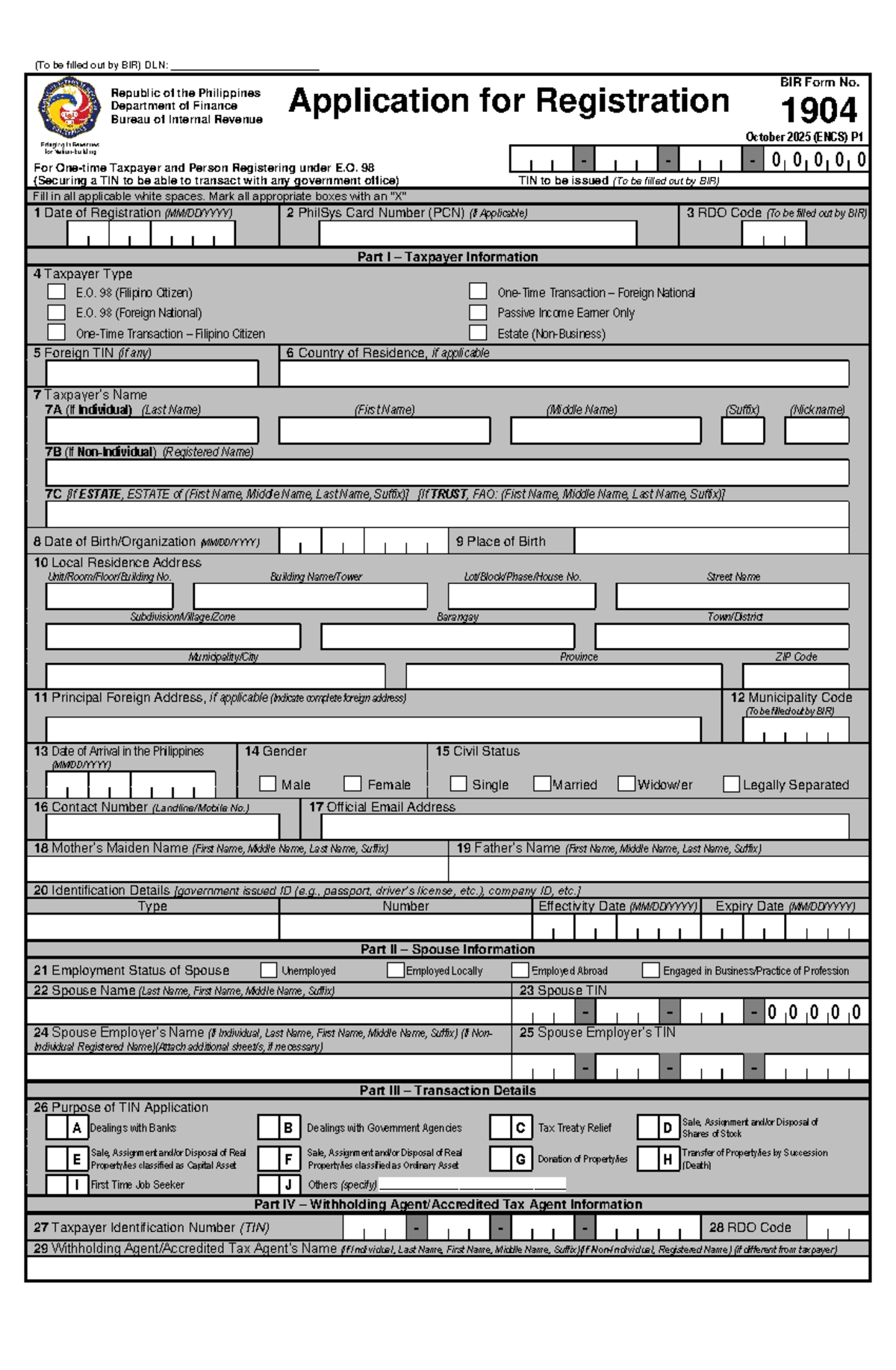BIR 1904 v. 2025 - Application for Registration for One-Time Taxpayer ...
