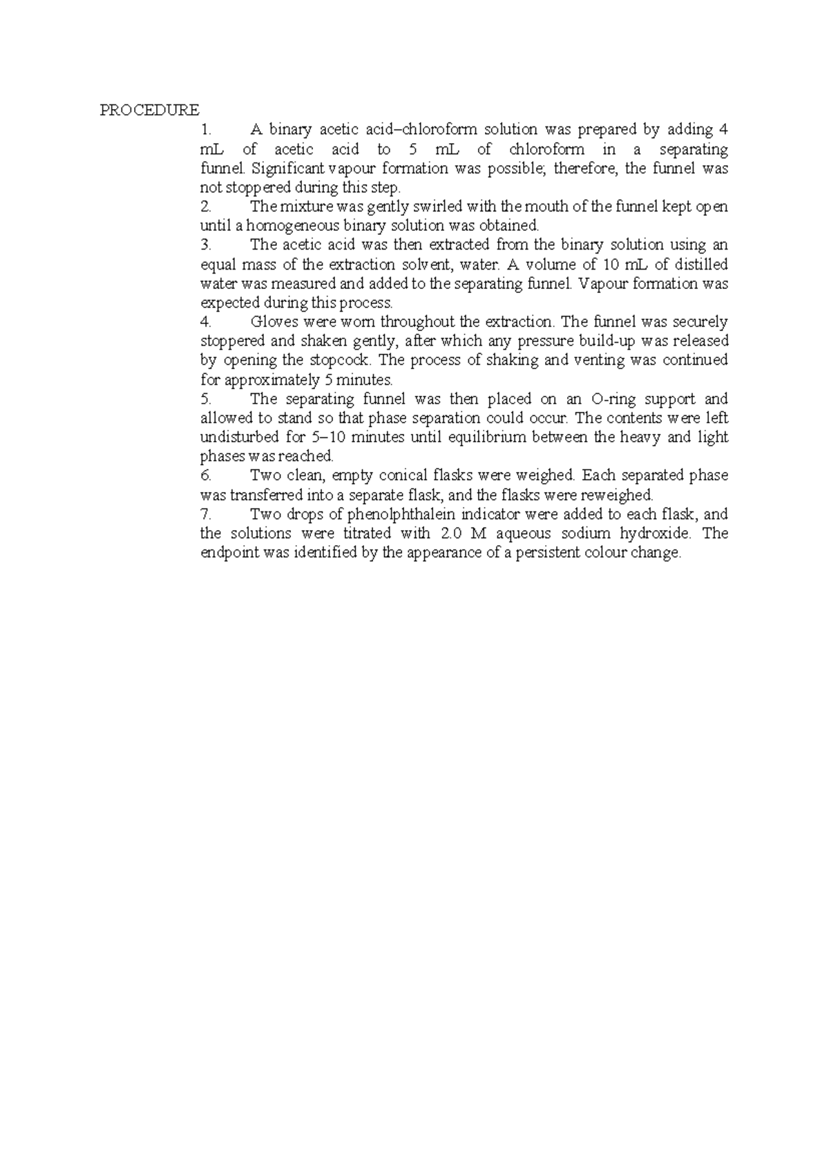 Lab Procedure: Extraction of Acetic Acid from Chloroform Solution - Studocu
