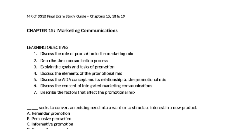 MRKT 3310 Final Exam Study Guide: Marketing Communications & Social ...