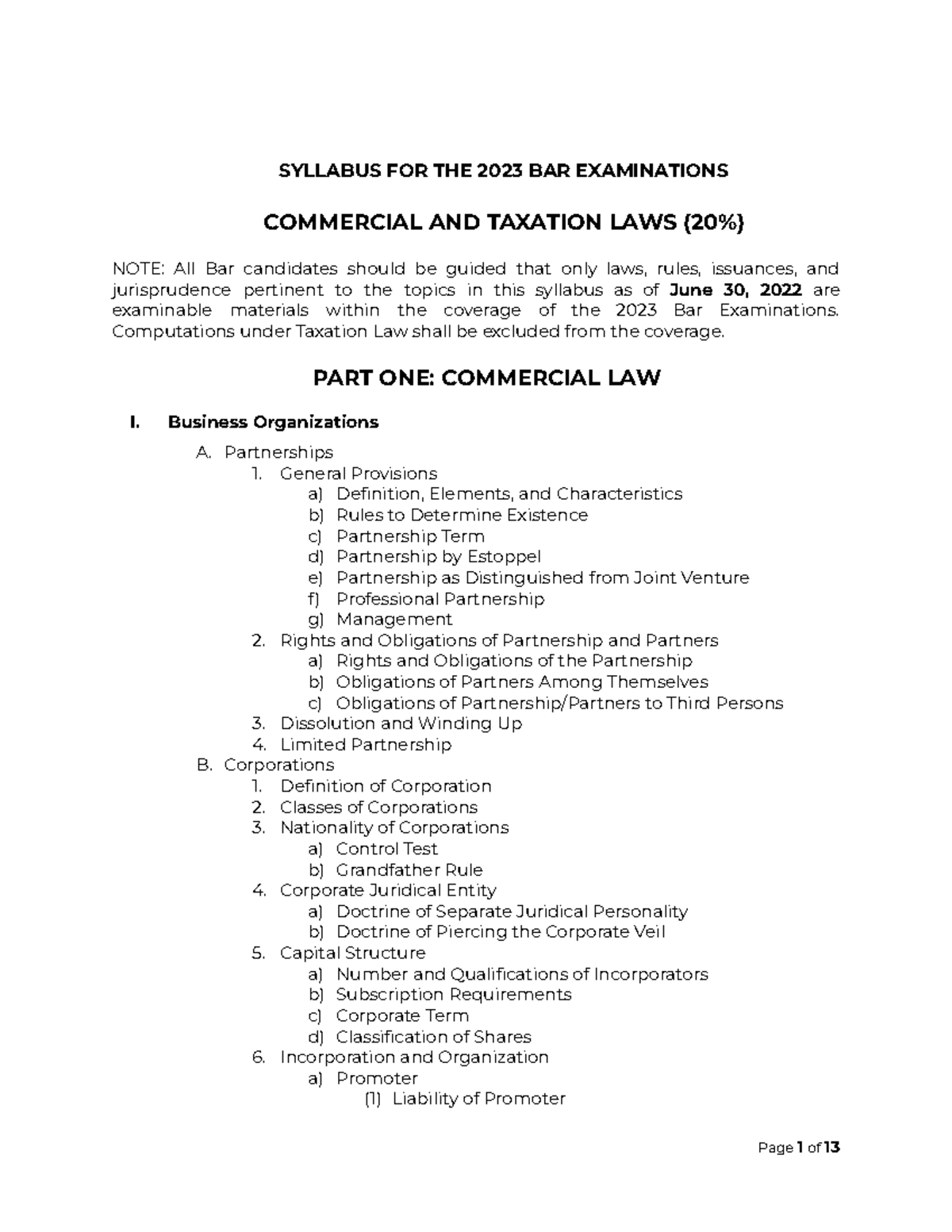 Commercial law Syllabus 2023 - SYLLABUS FOR THE 2023 BAR EXAMINATIONS ...