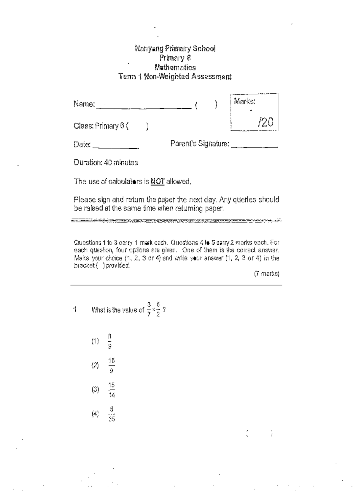 Nanyang Primary School P6 Math Term 1 Assessment - Studocu