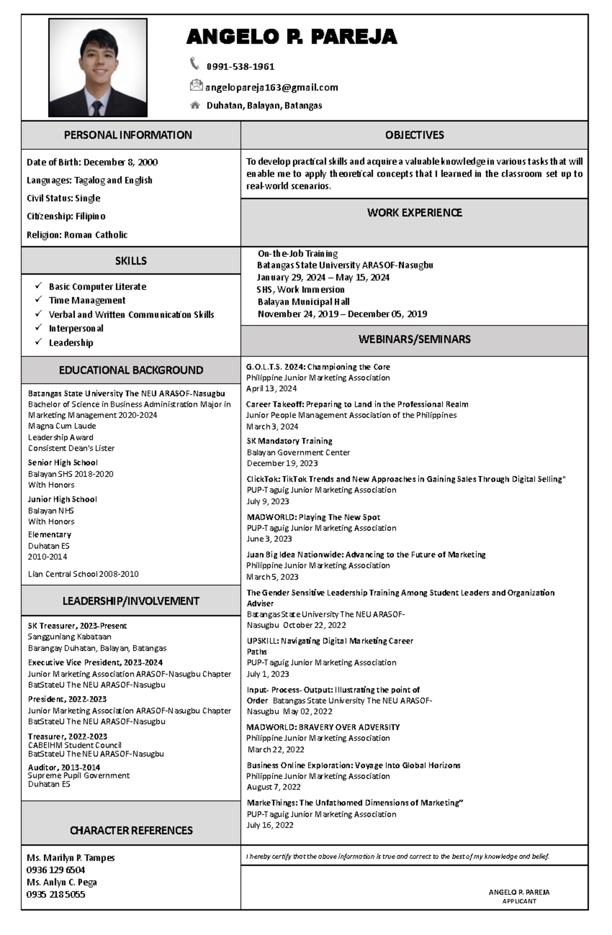 Angelo Pareja - Resume - ANGELO P. PAREJA ANGELO P. PAREJA 0991 - 538 ...