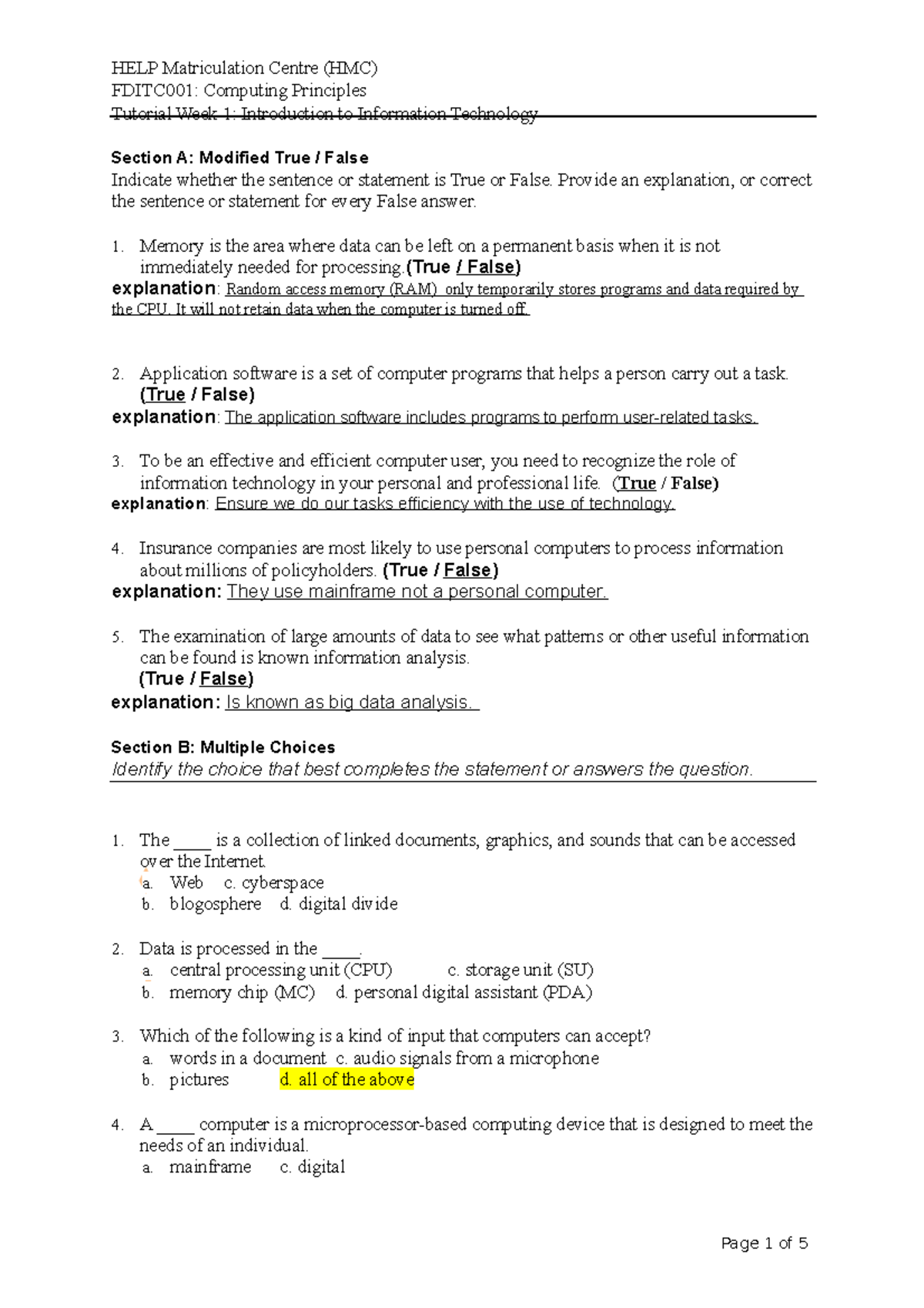 Tutorial Chapter 1 - FDITC001: Computing Principles Tutorial Week 1 ...