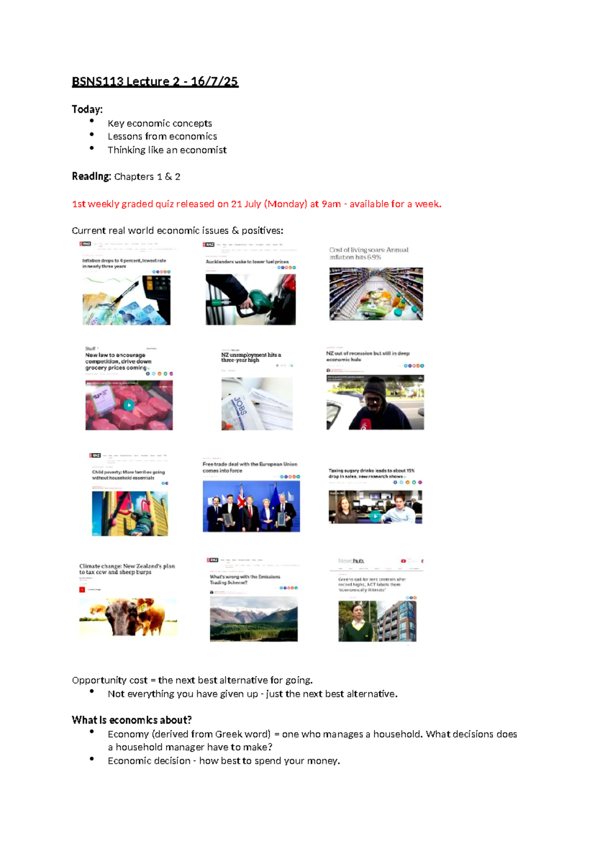 BSNS113 Lecture 2: Key Economic Concepts & Scarcity Insights - Studocu