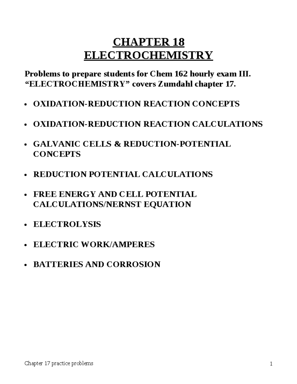 Chapter 18 Practice Problems - CHAPTER 18 ELECTROCHEMISTRY Problems to prepare students for Chem ...