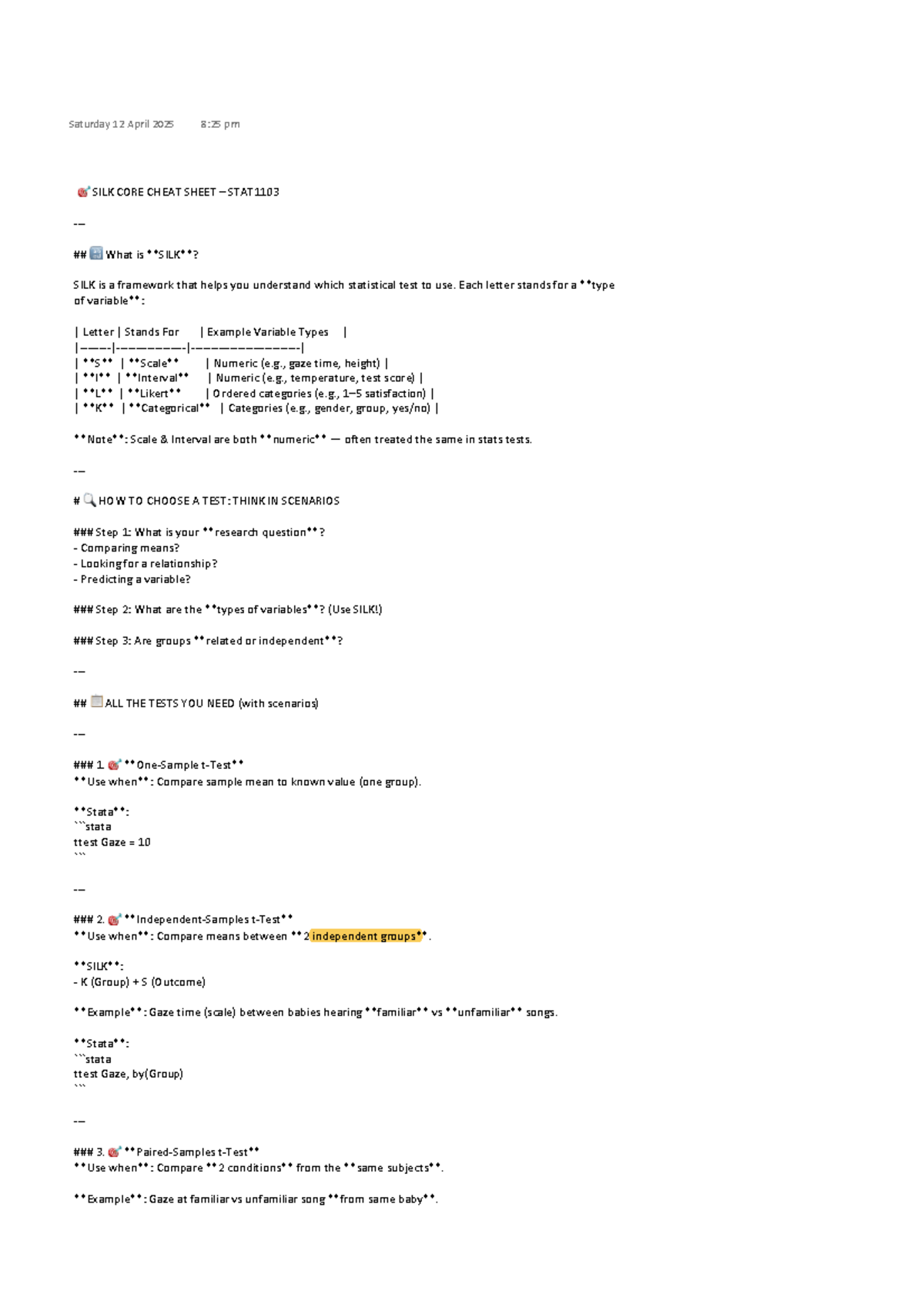 SILK Core Cheat Sheet for STAT1103: Essential Stata Commands & Tests ...