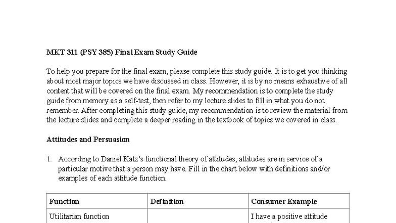 MKT 311 (PSY 385) Final Exam Study Guide: Key Consumer Behavior Topics ...