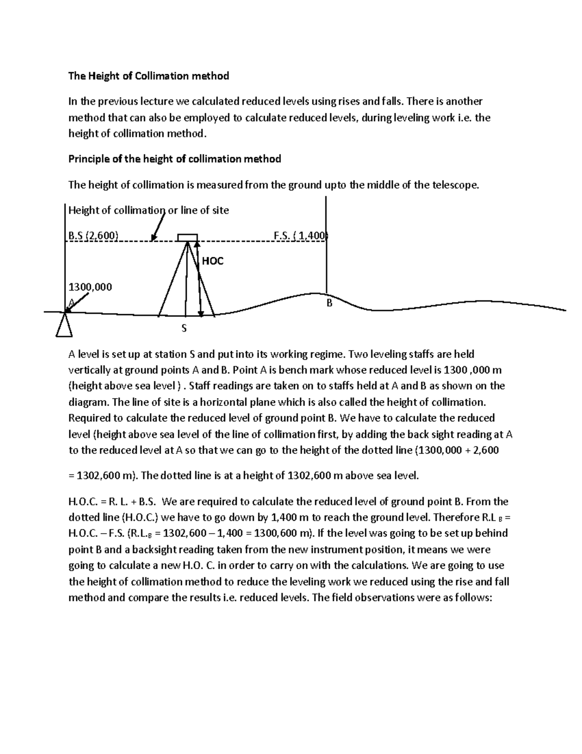 Height of Collimation Method: Leveling Calculations & Comparisons - Studocu
