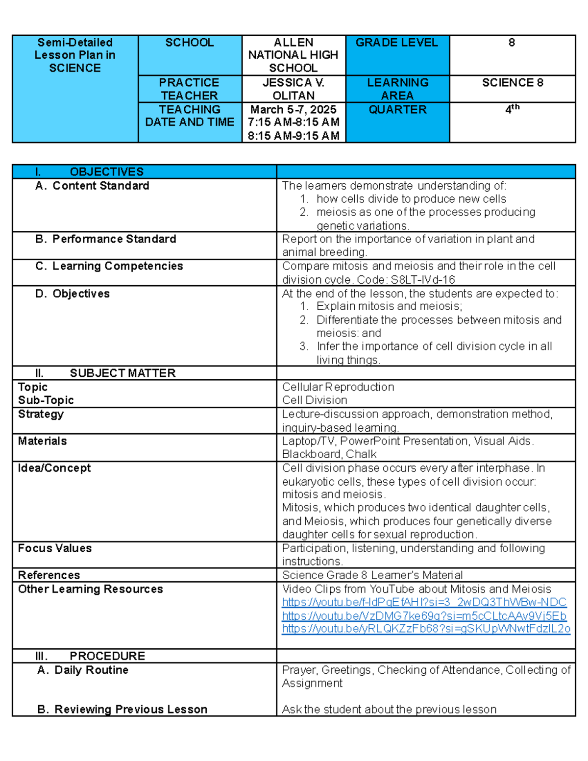 Grade 8 Science Lesson Plan: Mitosis & Meiosis (4th Quarter) - Studocu