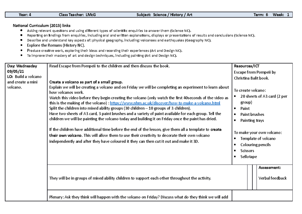 Volcano Lesson Plan for Year 4 Class - Science/Art Integration - Studocu