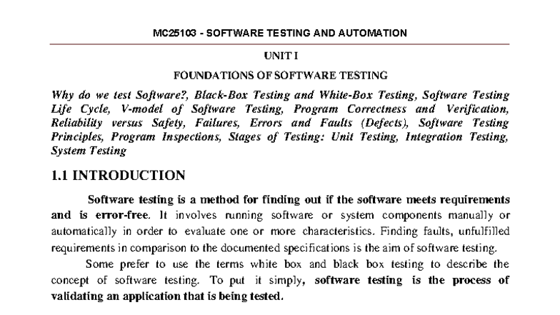 MC25103 SOFTWARE TESTING AND AUTOMATION CCS366 UNIT I: Foundations of ...