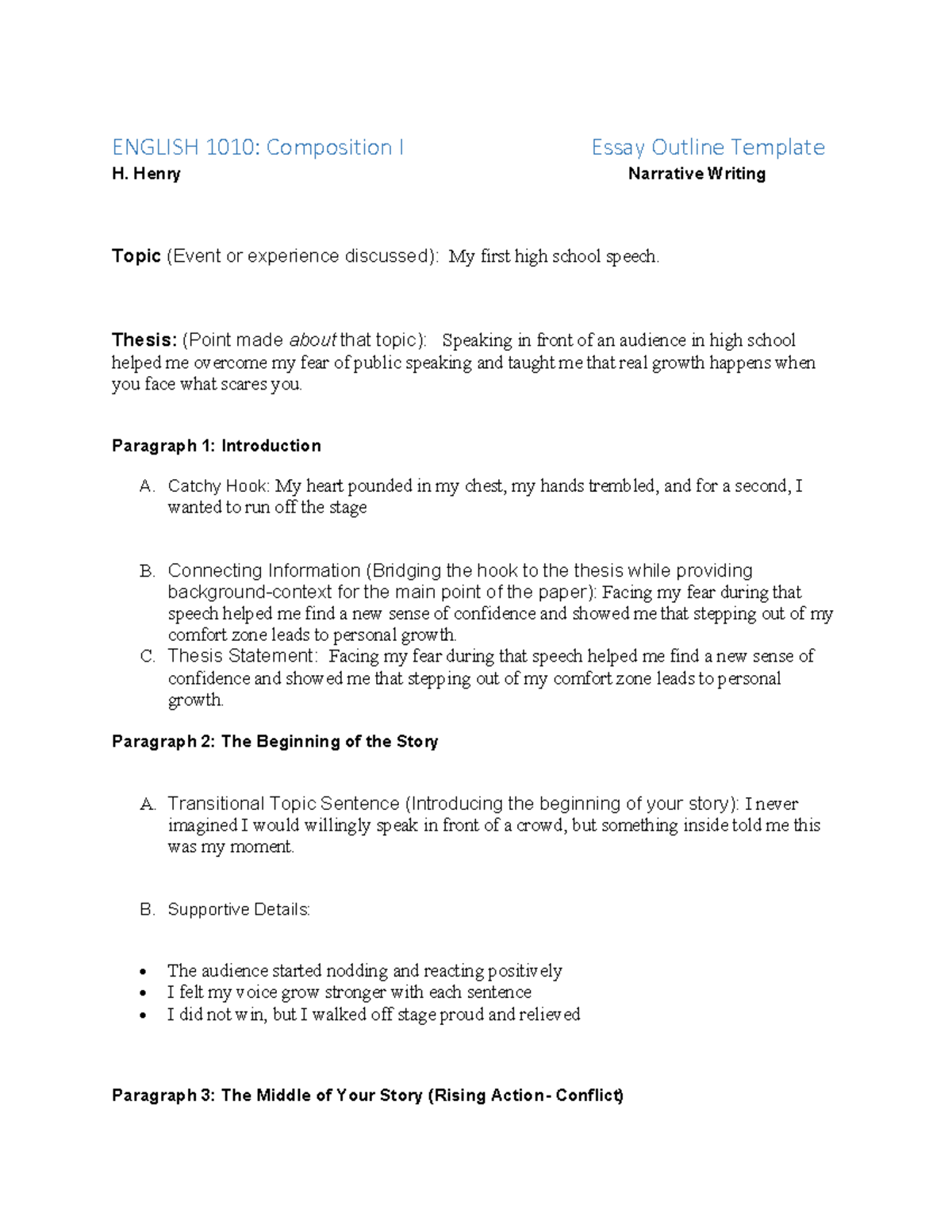 ENGLISH 1010: Composition I Narrative Essay Outline Template - Studocu