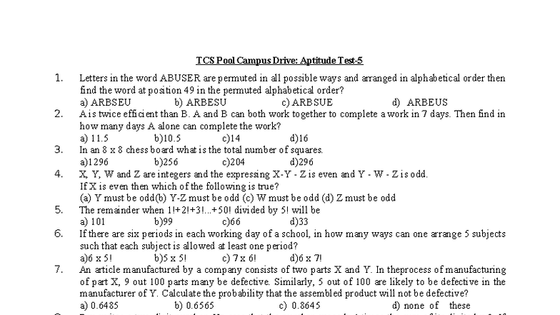 Aptitude Test-5: TCS Pool Campus Drive Questions & Solutions - Studocu