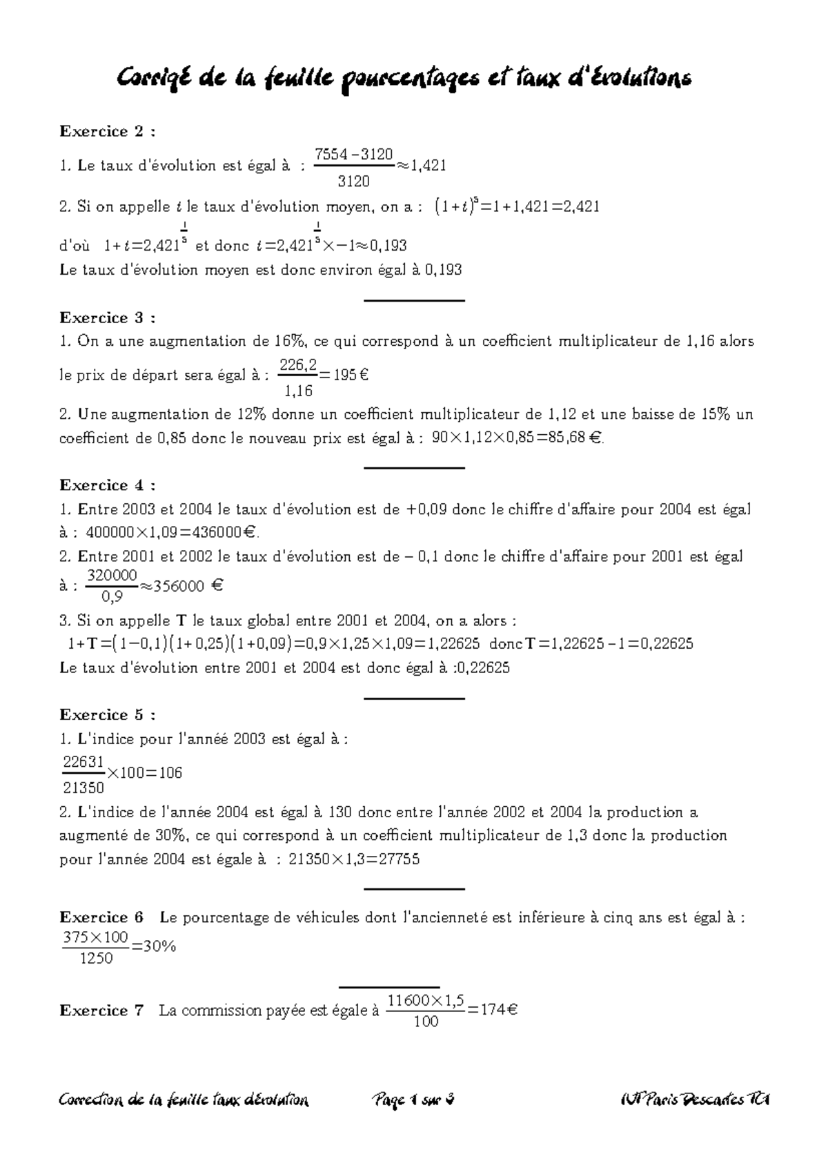 Corrigé feuille Taux dévolutions - de la feuille pourcentages et taux ...