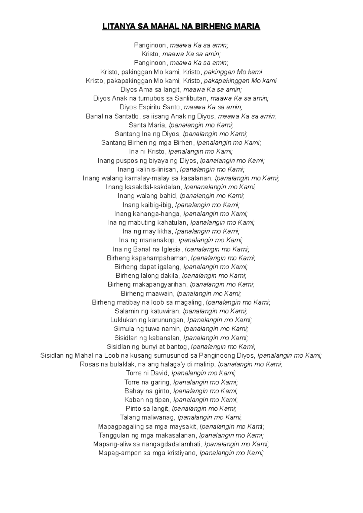Litanya sa Mahal na Birheng Maria: Panalangin at Pagsamba - Studocu